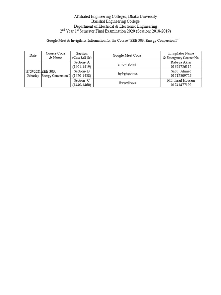 Google Meet Link and Invisilators Information EEE 303_18-09-2021 | PDF
