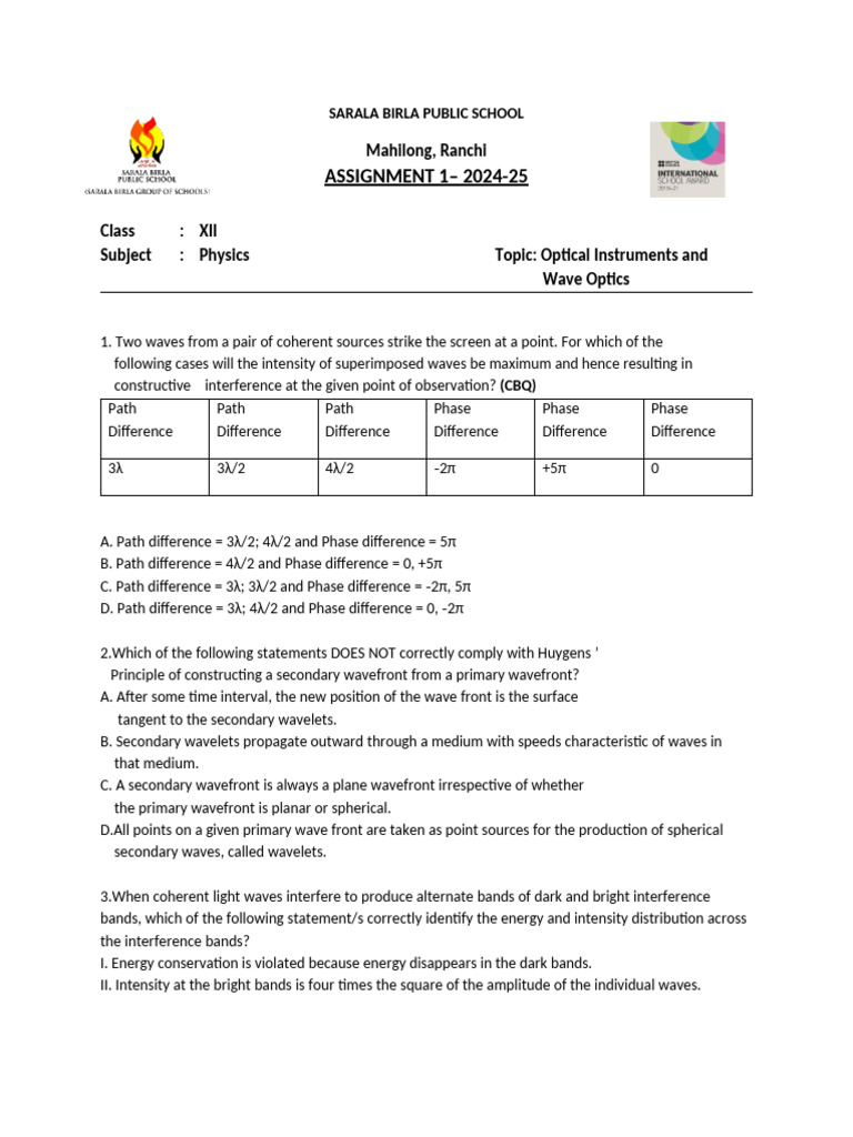Assignment 1 (Optical Instruments and Wave Optics) (24.09.24-28.09.24 ...