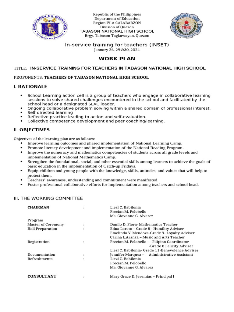 Inset Work Plan | PDF | Teachers | Learning