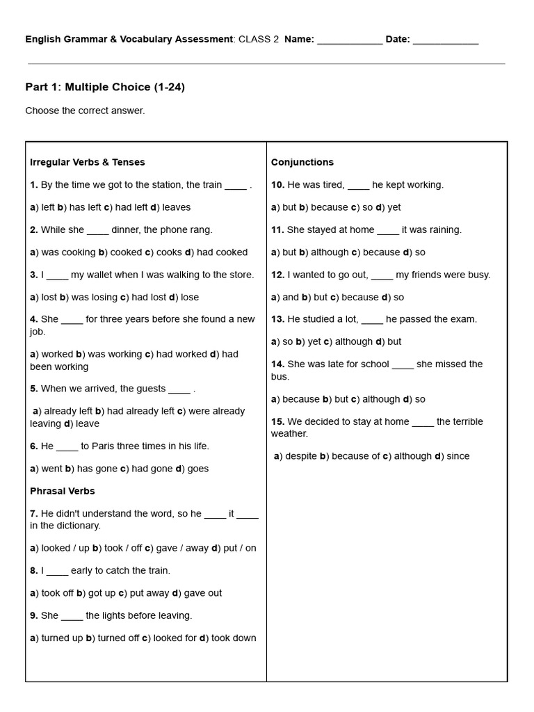 Class 2 English Grammar Test | PDF | Linguistic Typology | Linguistics