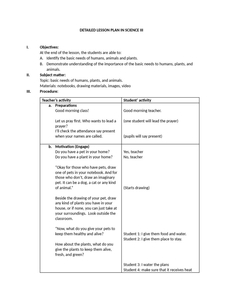 Basic Needs of Living Things Lesson Plan | PDF | Lesson Plan | Teachers