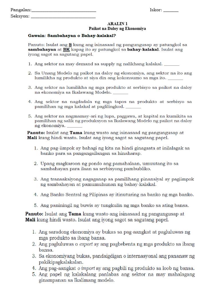 ARALIN1_AP9_Q3_QUIZZES_SY2023-2024 | PDF