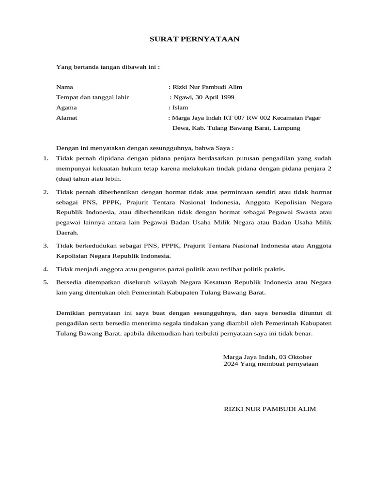 Contoh Format Surat Pernyataan 5 Poin TBB (1) - 1 | PDF