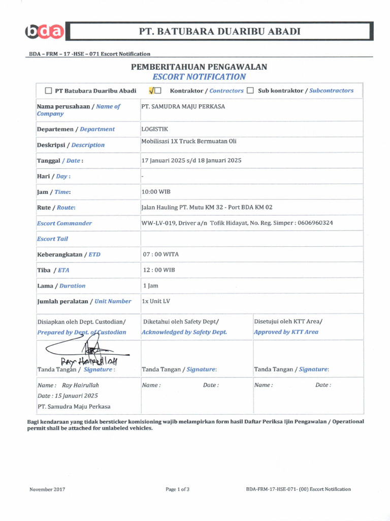 FORM ESSCORT TRUCK BERMUATAN OLI ISP | PDF
