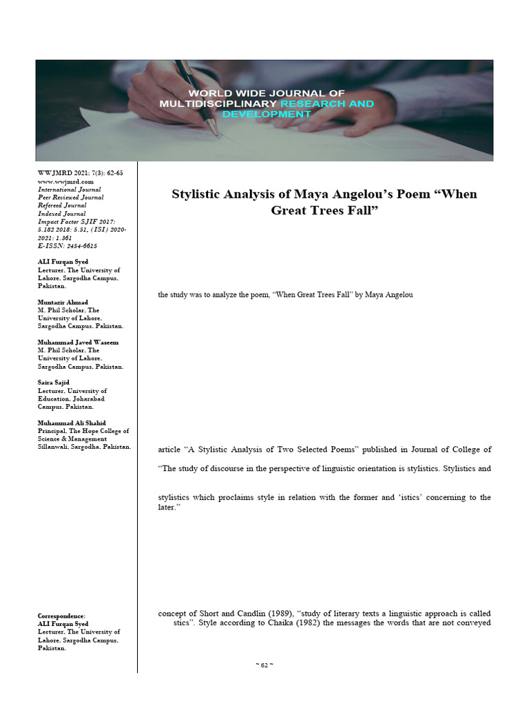 Stylistic Analysis of Maya Angelous Poem When Great Trees Fall ...