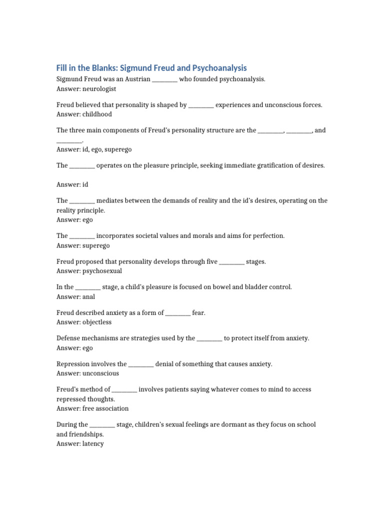 Sigmund Freud Fill in The Blanks With Answers | PDF