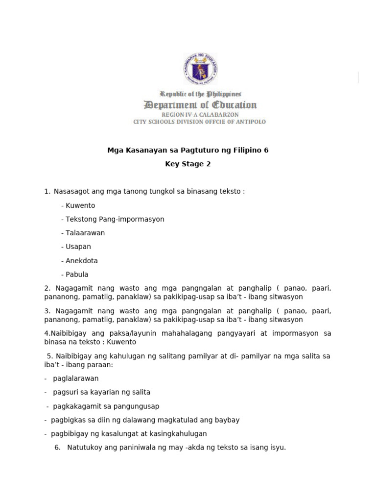Mga Kasanayan Sa Filipino 6 | PDF