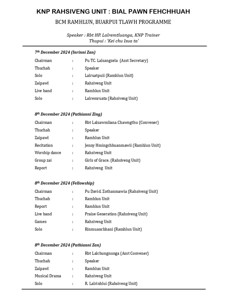 BCM Ramhlun Buarpui Tlawh Programme-2 | PDF