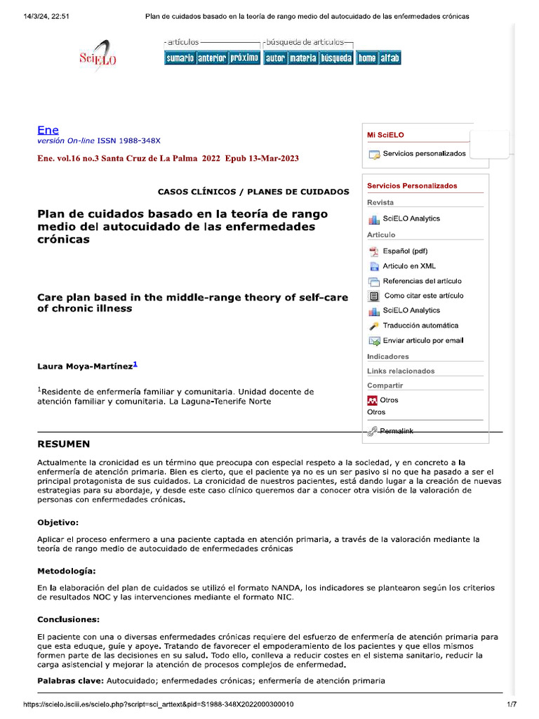 Plan de Cuidados Basado en La Teoría de Rango Medio Del Autocuidado de ...