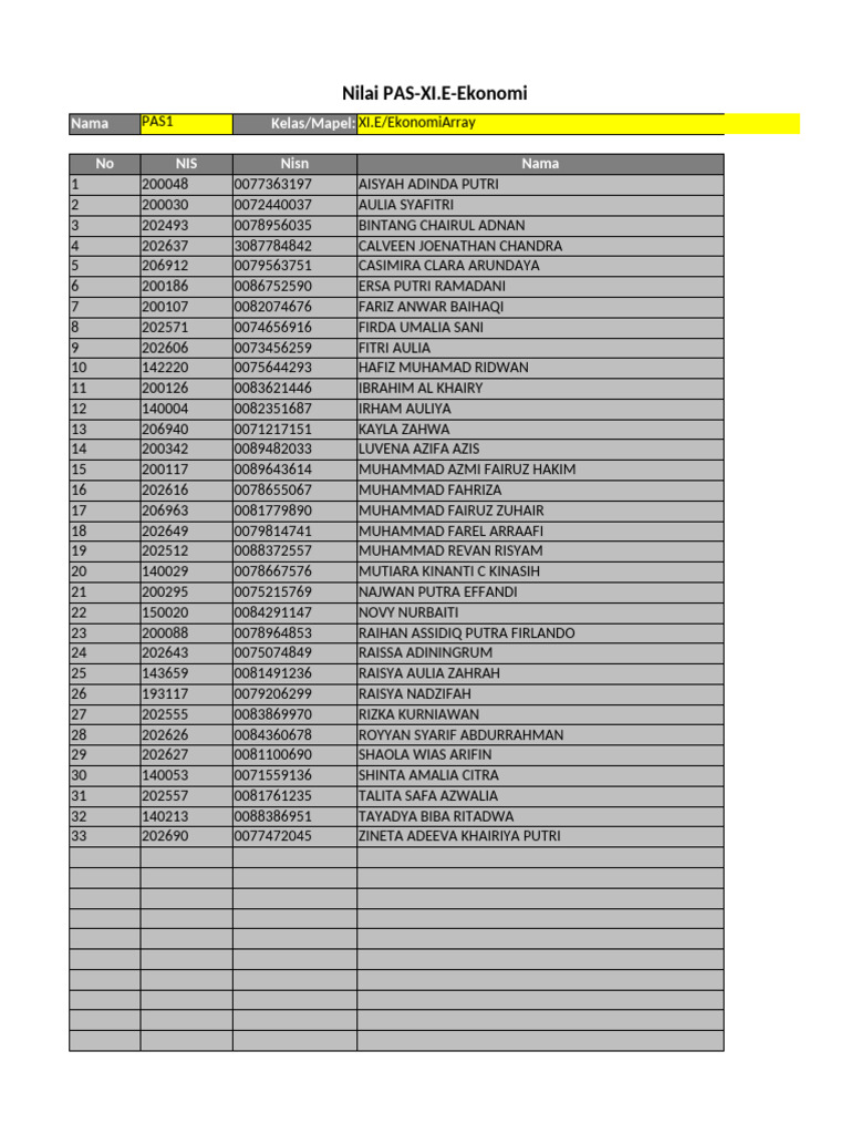 Nilai PAS XI.E Ekonomi | PDF