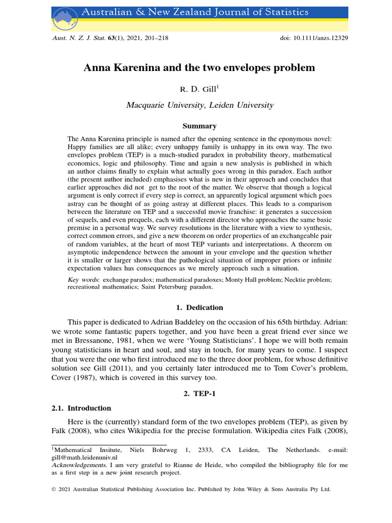 Anna Karenina and the Two Envelopes Problem | PDF | Expected Value | Probability Distribution