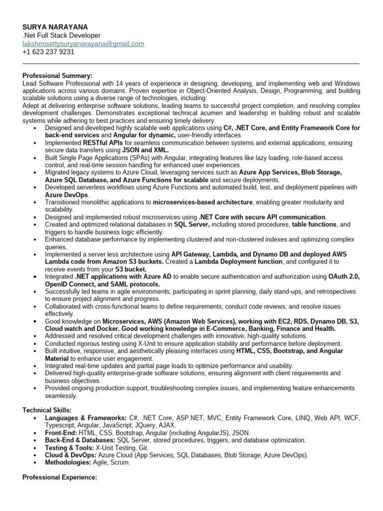 Surya Narayana L - SR .Net Fullstack Developer | PDF | Databases | Software Development Process