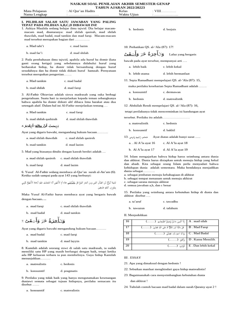 Soal Ujian Al Qur'an Hadits Kelas VIII | PDF