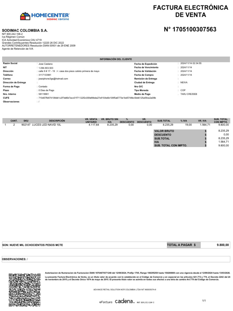 Factura Electrónica Sodimac CO | PDF | Pagos | Tecnología bancaria