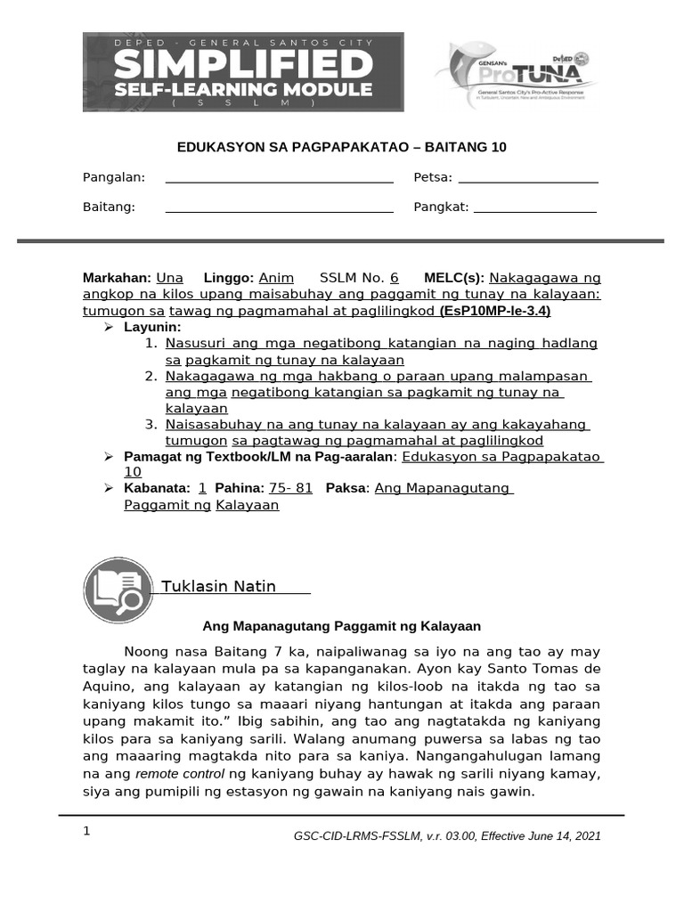 ESP 10 Quarter 1 SSLM 6 Ang Mapanagutang Paggamit NG Kalayaan | PDF