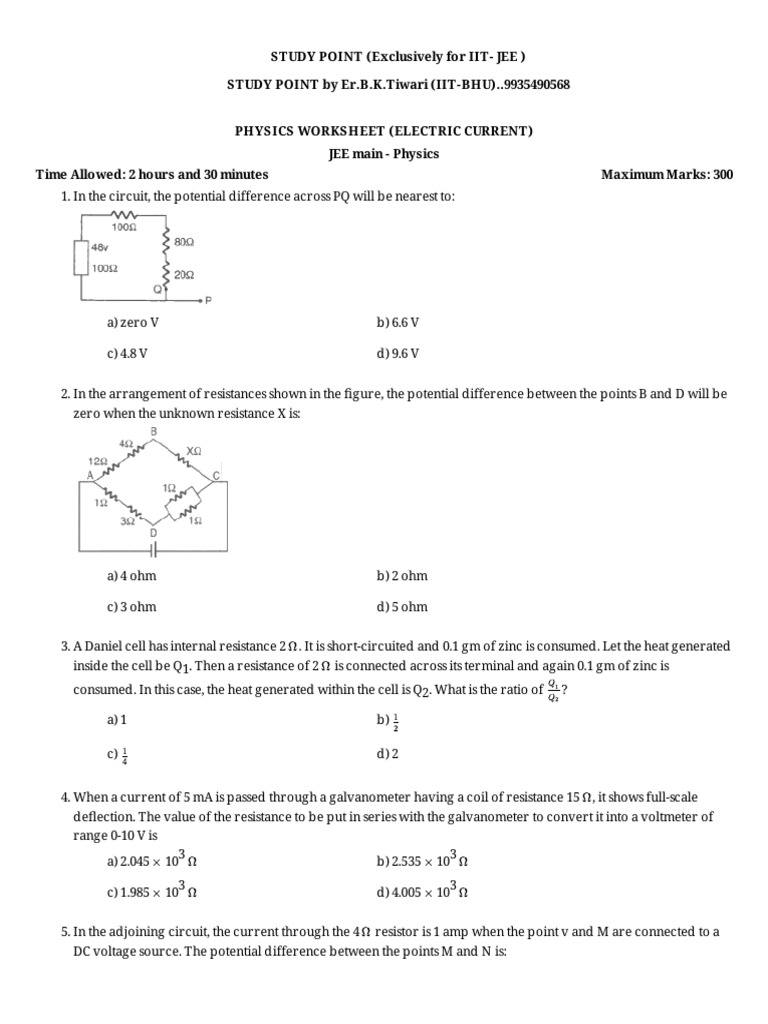Physics Worksheet (Electric Current) | PDF | Voltage | Series And ...