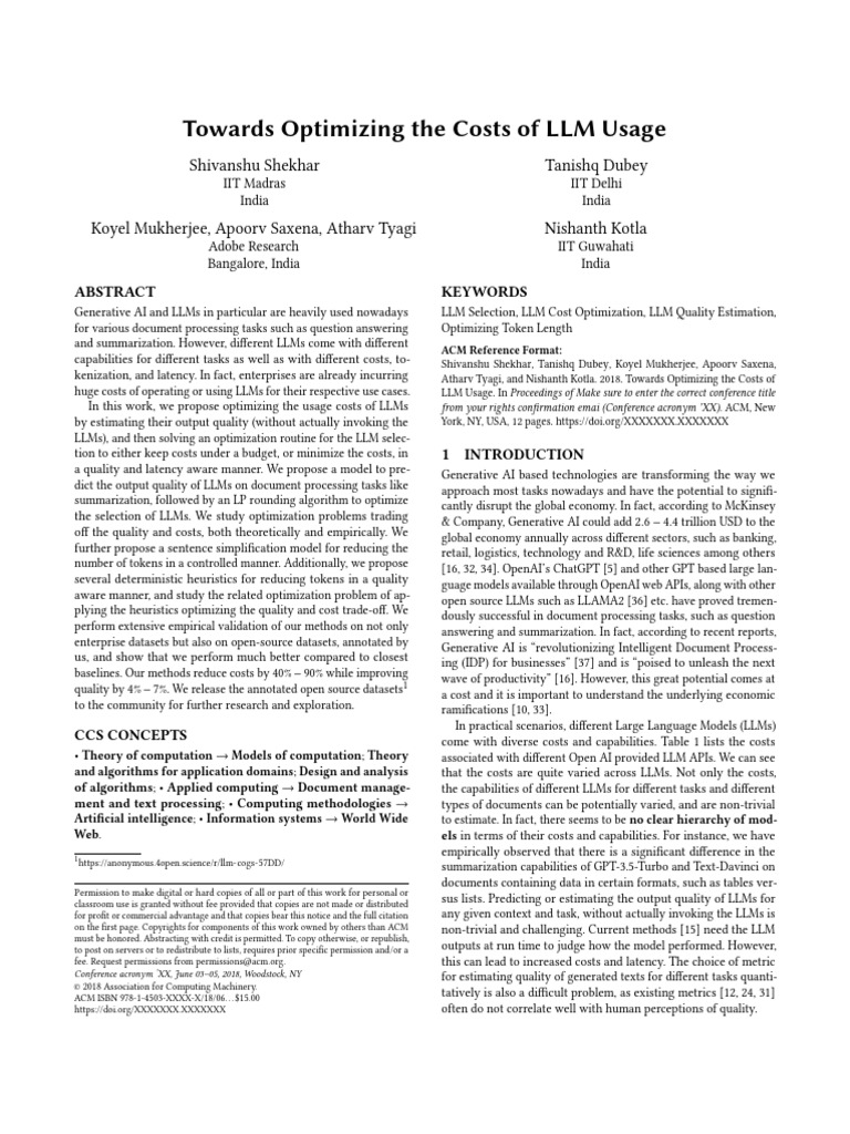Towards Optimizing The Costs of LLM Usage | PDF | Mathematical Optimization | Computing