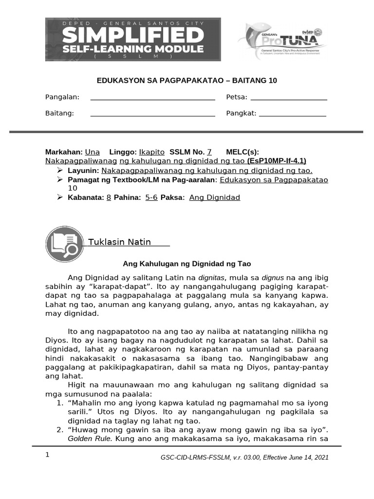 ESP 10 Quarter 1 SSLM 7 Ang Dignidad | PDF