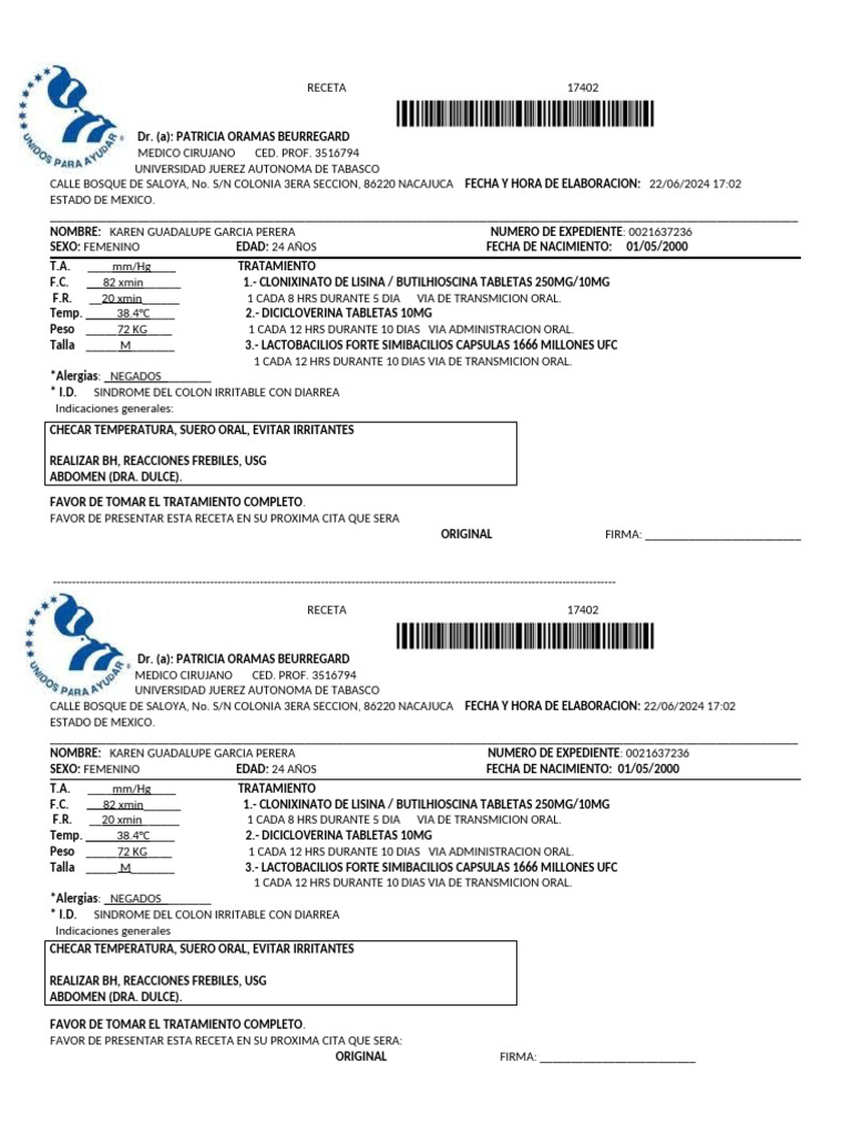 Receta para Síndrome de Colon Irritable | PDF | Medicina | Medicina CLINICA