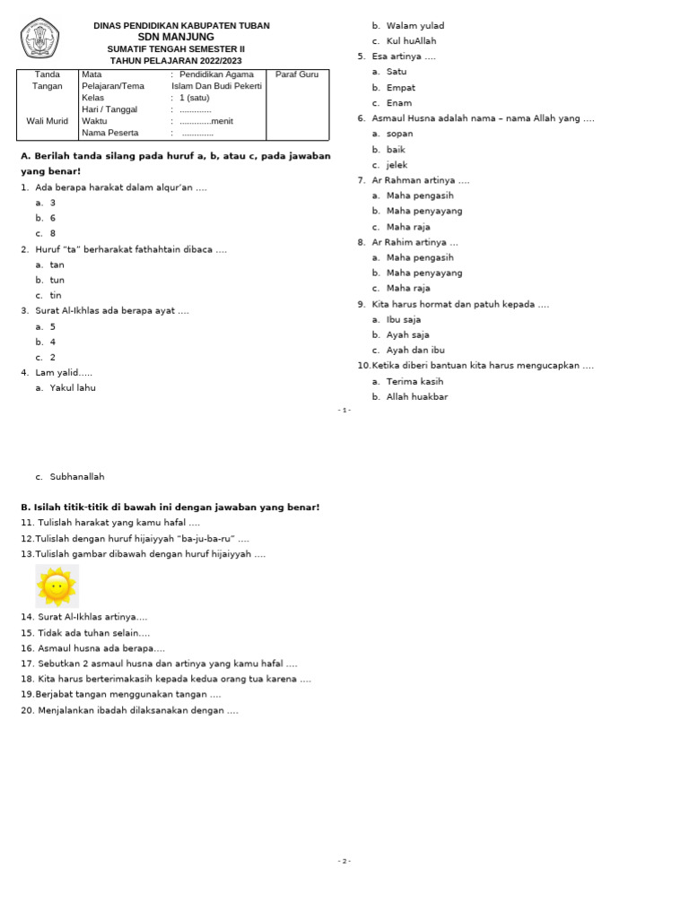 Soal PTS 2 PAI Kelas 1 KM | PDF