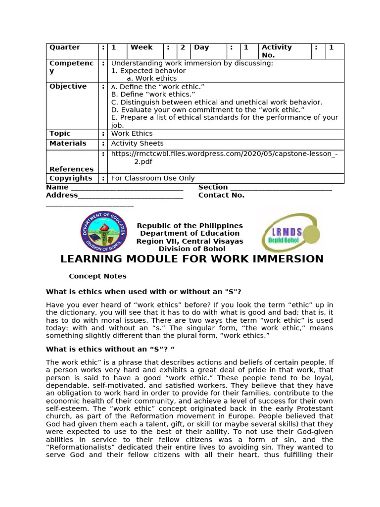 Work Immersion Act2 Work Ethics | PDF