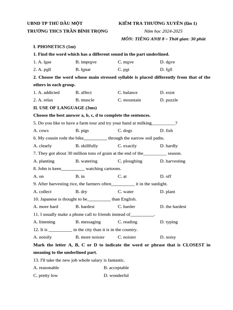 Đề kiểm tra TA8 thường xuyên(lần 1)_TBT_2024-2025 (AutoRecovered) | PDF