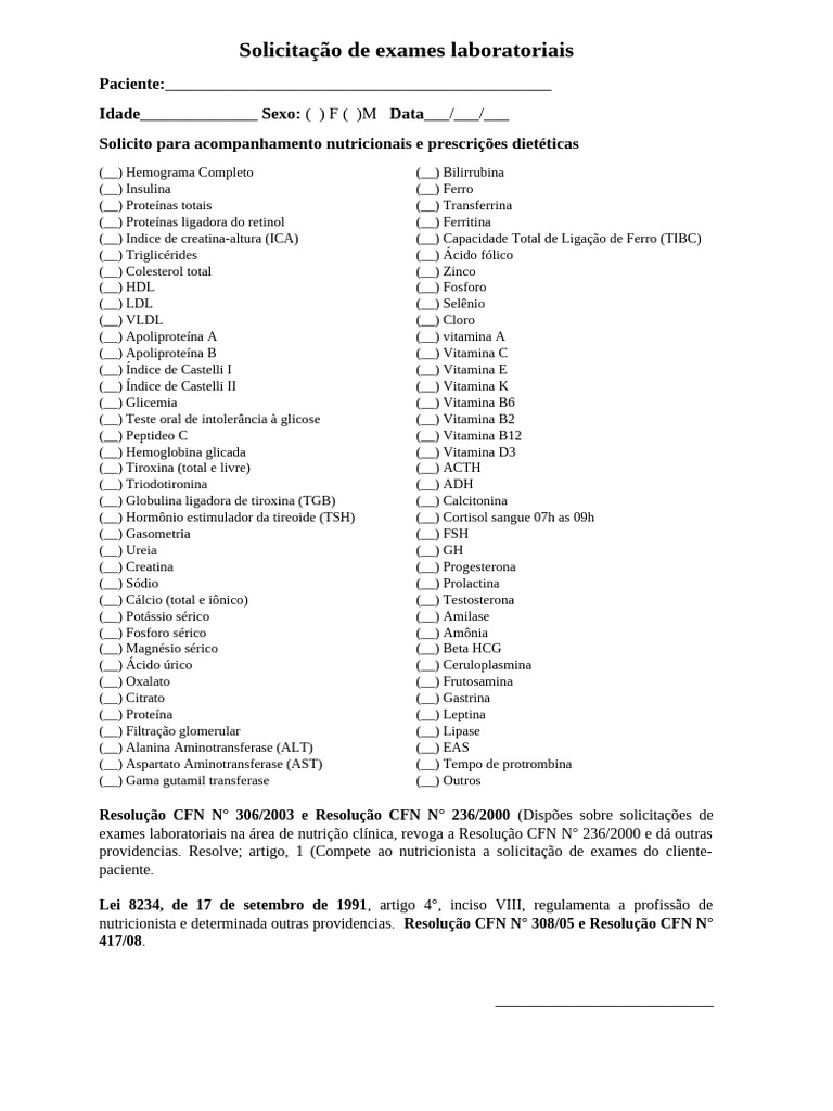 Solicitação de Exames Laboratoriais Nutricionais | PDF | Colesterol ...