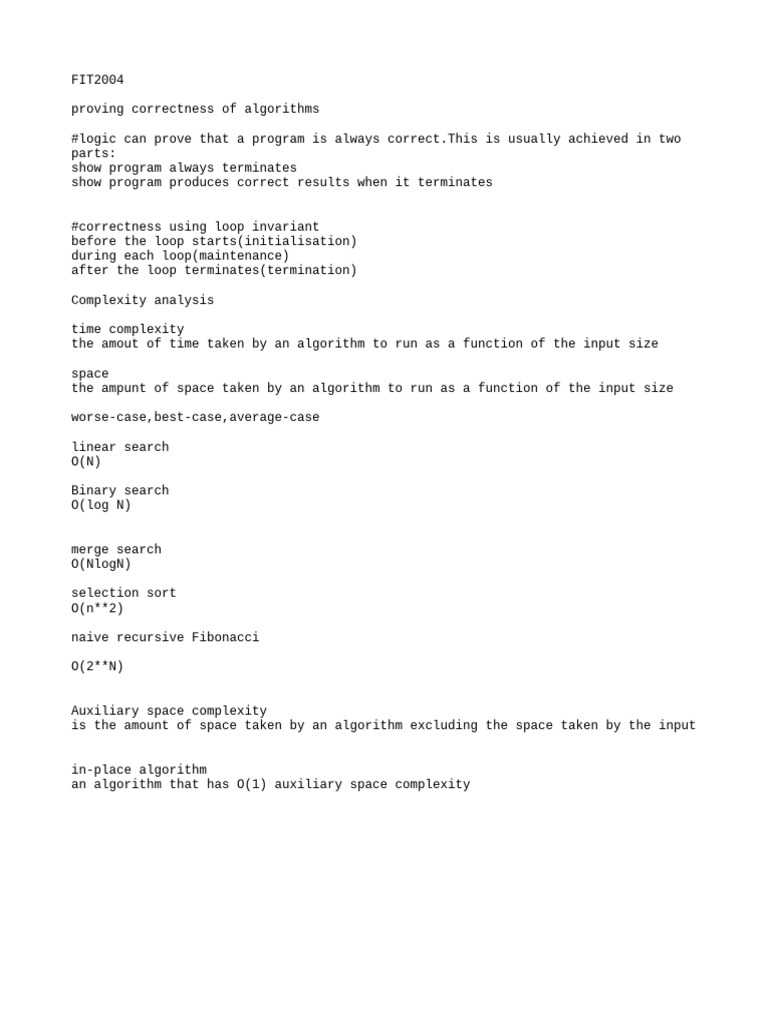 FIT2004 Algorithm Correctness & Complexity | PDF