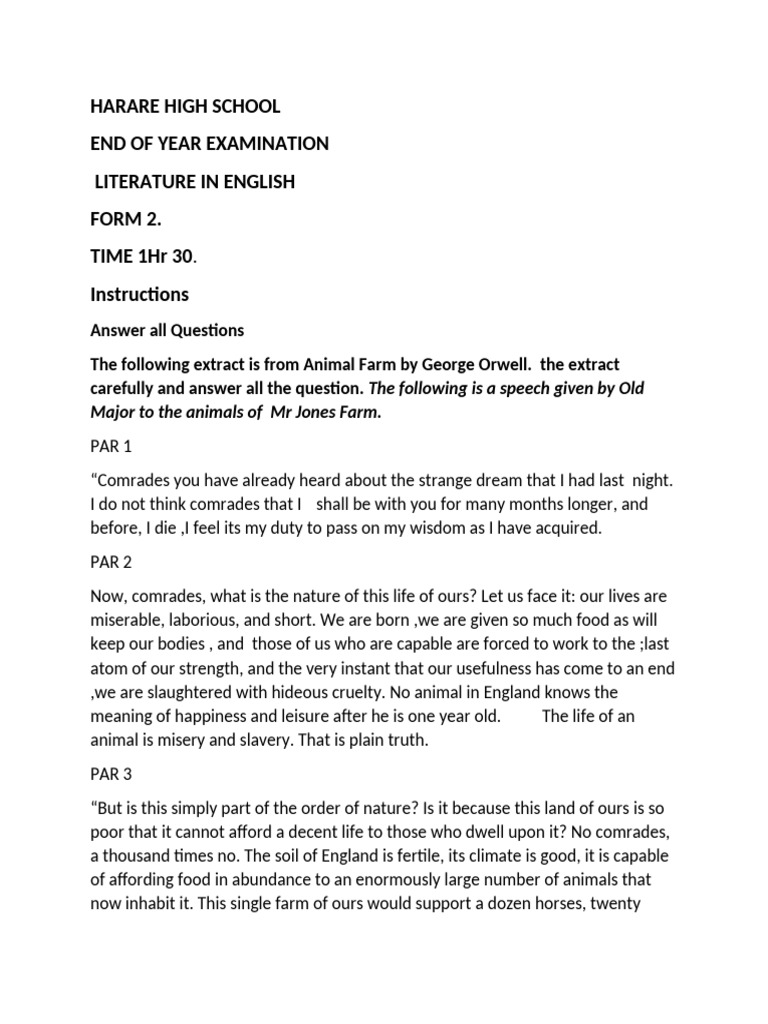 End of Year Literature Exam: Animal Farm | PDF