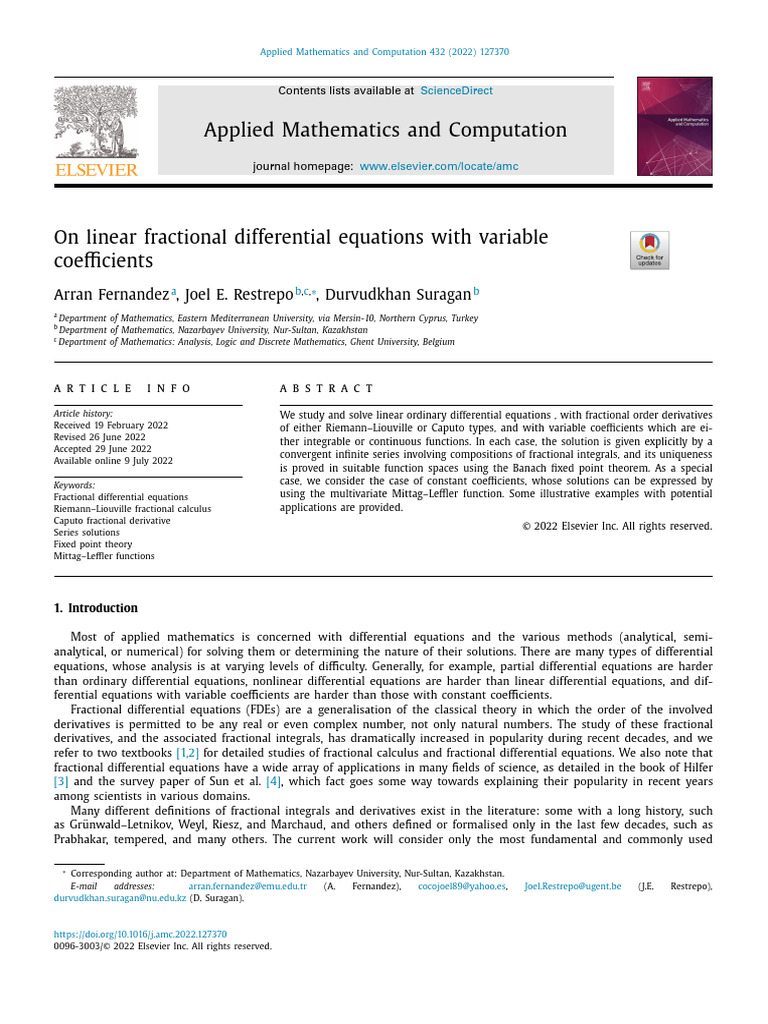 On Linear Fractional Differential Equations With Variable Coefficients Pdf Equations Integral