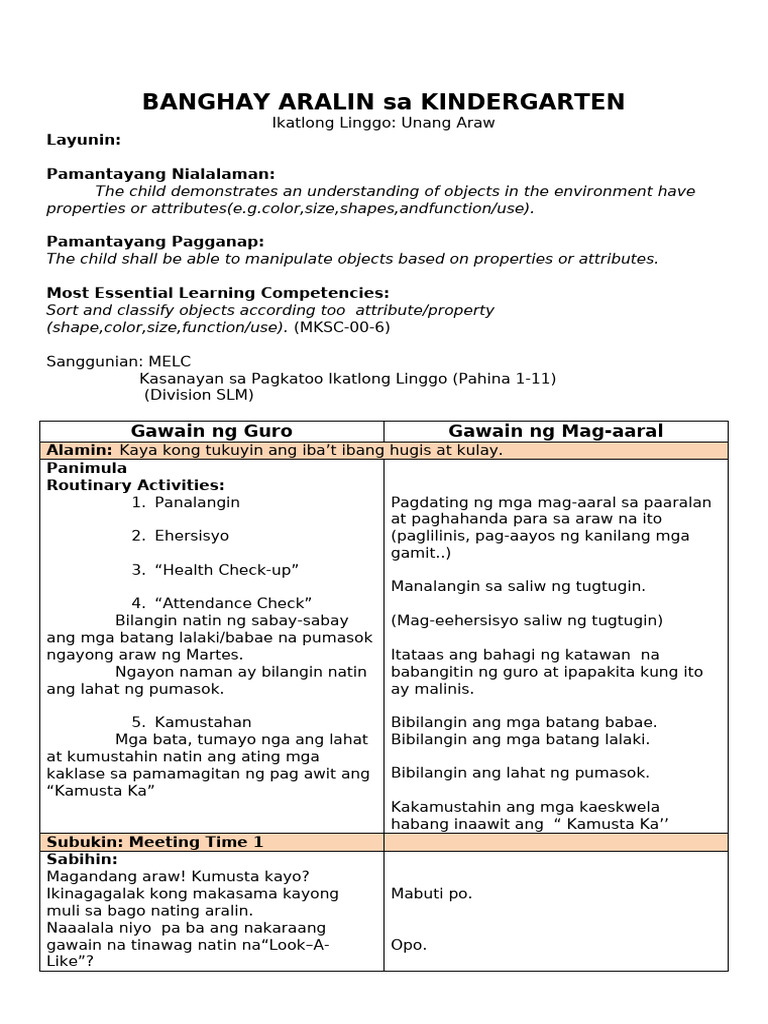 BANGHAY ARALIN Sa KINDERGARTEN | PDF