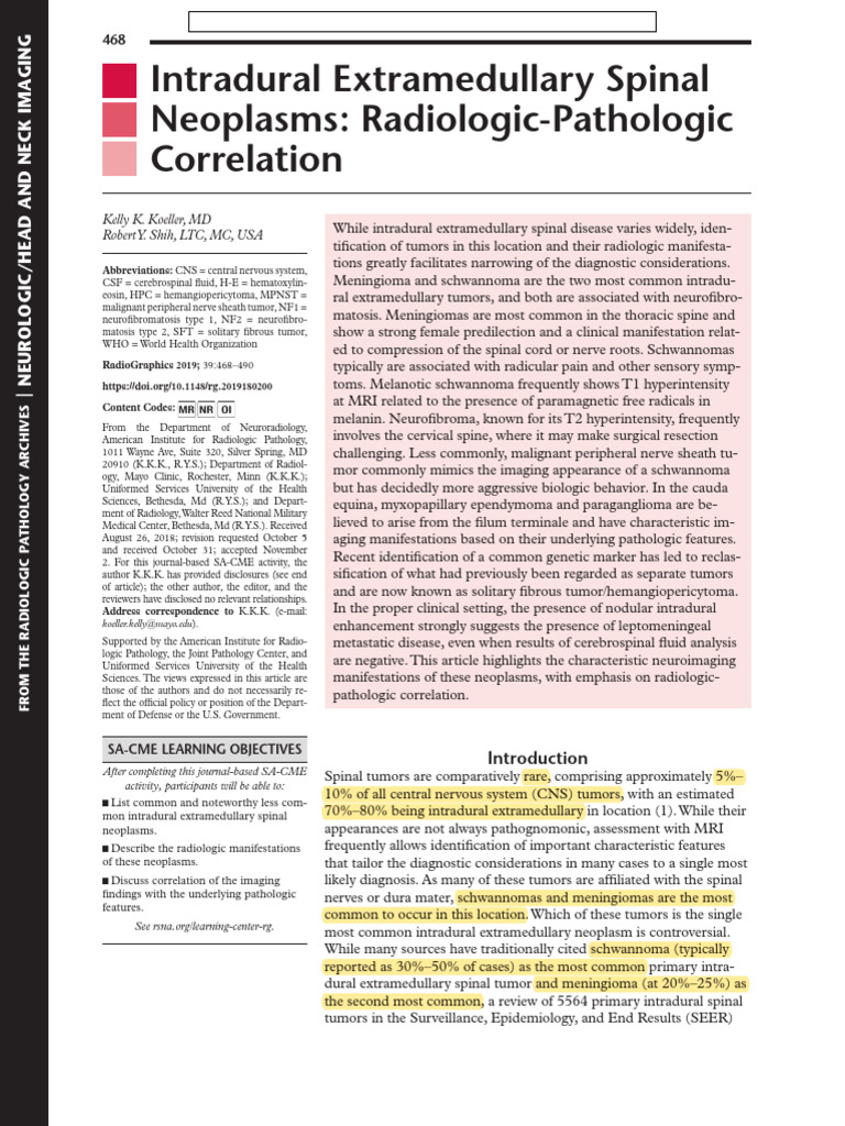 Intradural Extramedullary Spinal Neoplasms - Radiologic-Pathologic Correlation | PDF | Vertebral ...