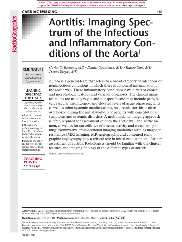 Aortitis. Imaging spectrum of the infectious and inflammatory ...