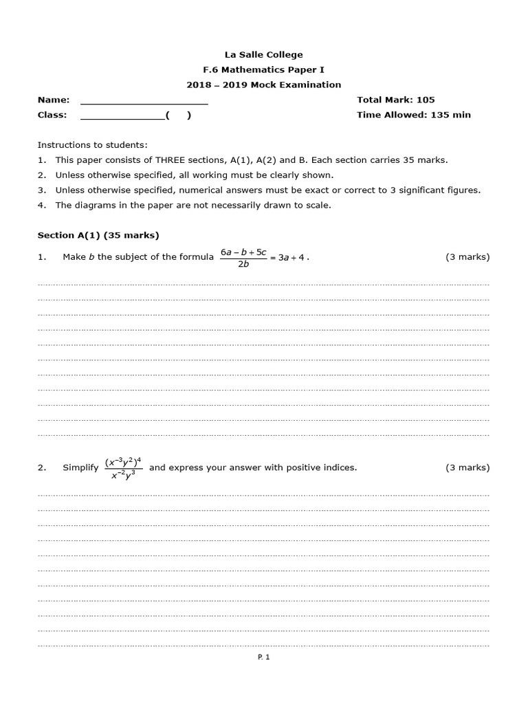 F.6 Mathematics Mock Exam Paper 2018-2019 | PDF | Significant Figures ...