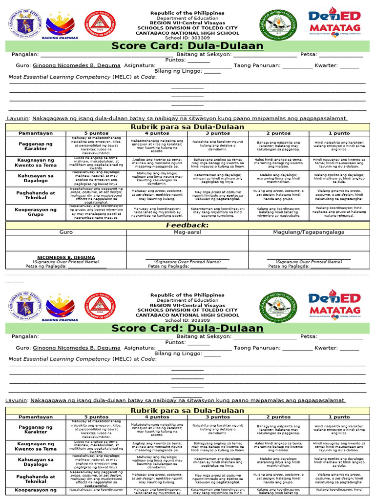 Score Card - Dula-Dulaan - Week 3-4 - Modyul 35-36 - EsP 8 - Nicomedes B. Deguma | PDF