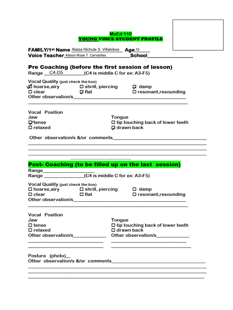 Pre & Post Coaching Profile Sheet - MuEd 110 - 2nd 2020 Pre Signed ...