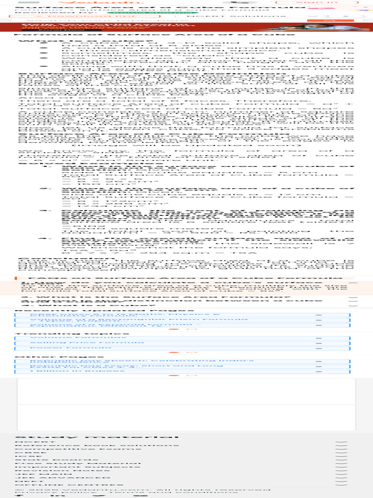Surface Area of A Cube Formula - Explanation, Solved Examples, and FAQs | PDF | Area | Volume