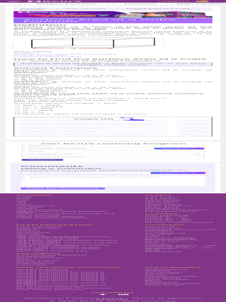 Surface Area of A Cube Formula With Solved Examples and Questions BYJU ...