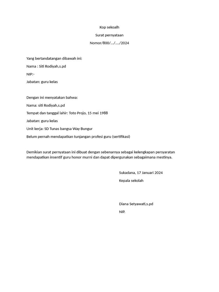 Surat Pernyataan Bu Rodiah | PDF