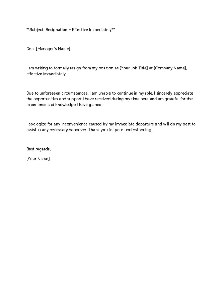 Resignation Letter Effective Immediately | PDF