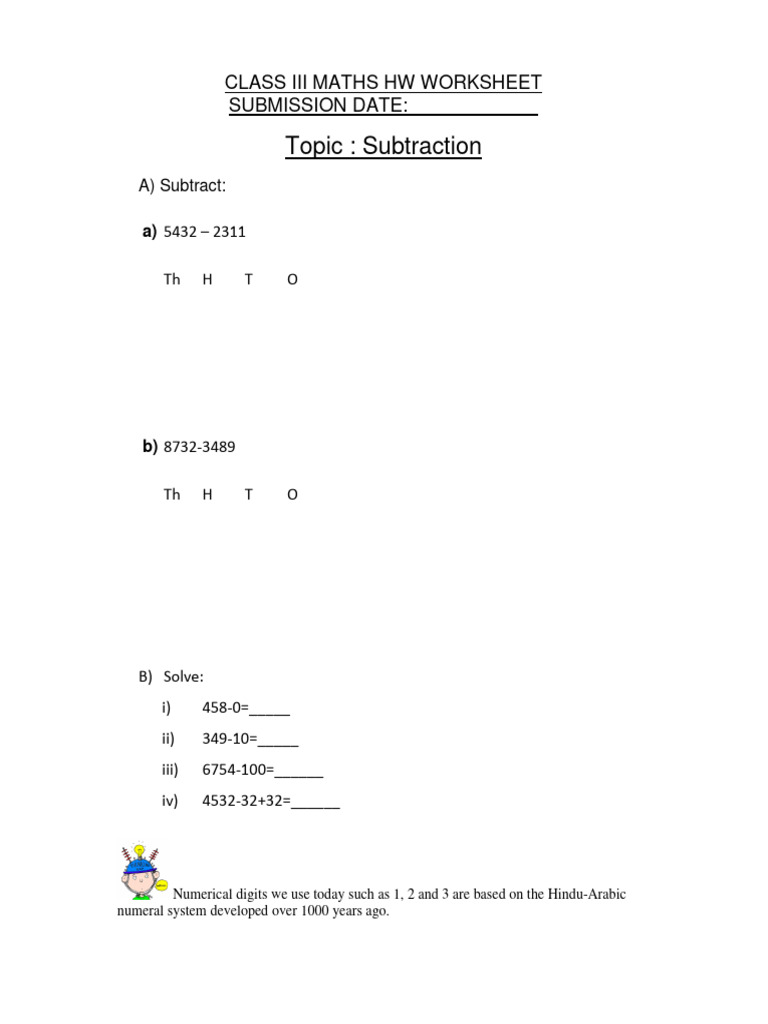 CBSE Class 3 Mathematics Worksheet (34) - Subtraction | PDF