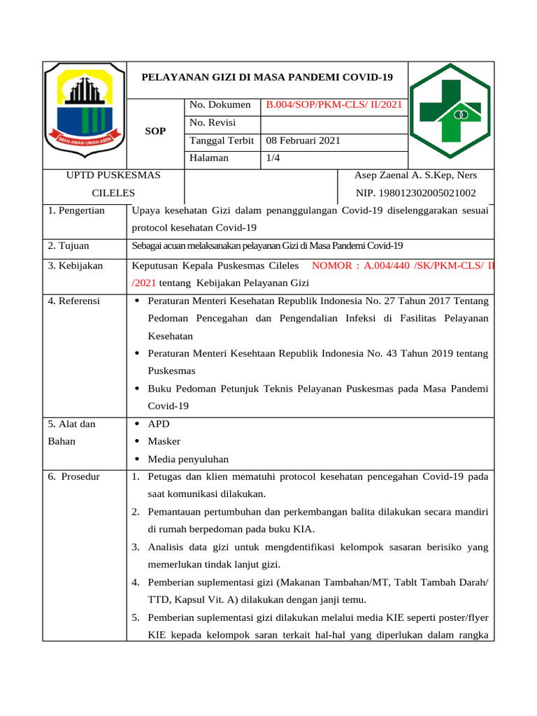 Sop Pelayanan Gizi Di Masa Pandemi | PDF