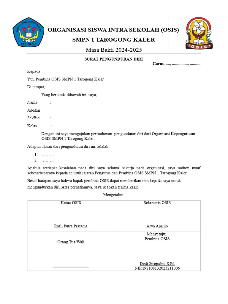 Surat Pengunduran Diri OSIS | PDF