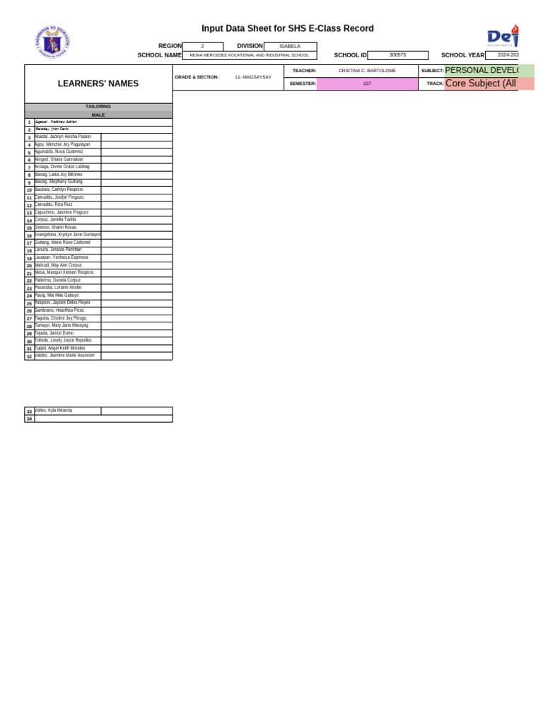 Shs e Class Record Osmena Perdev | PDF