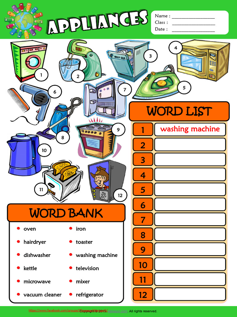 Appliances Esl Vocabulary Find and Write The Words Worksheet For Kids ...