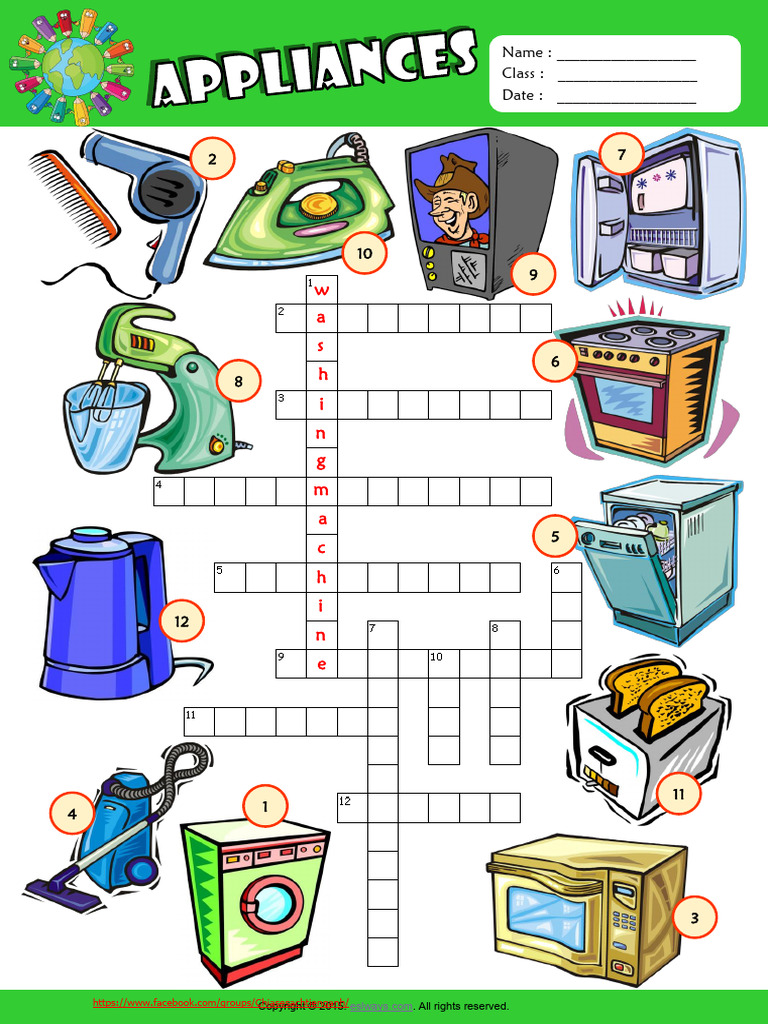 Appliances Esl Vocabulary Crossword Puzzle Worksheet For Kids ...