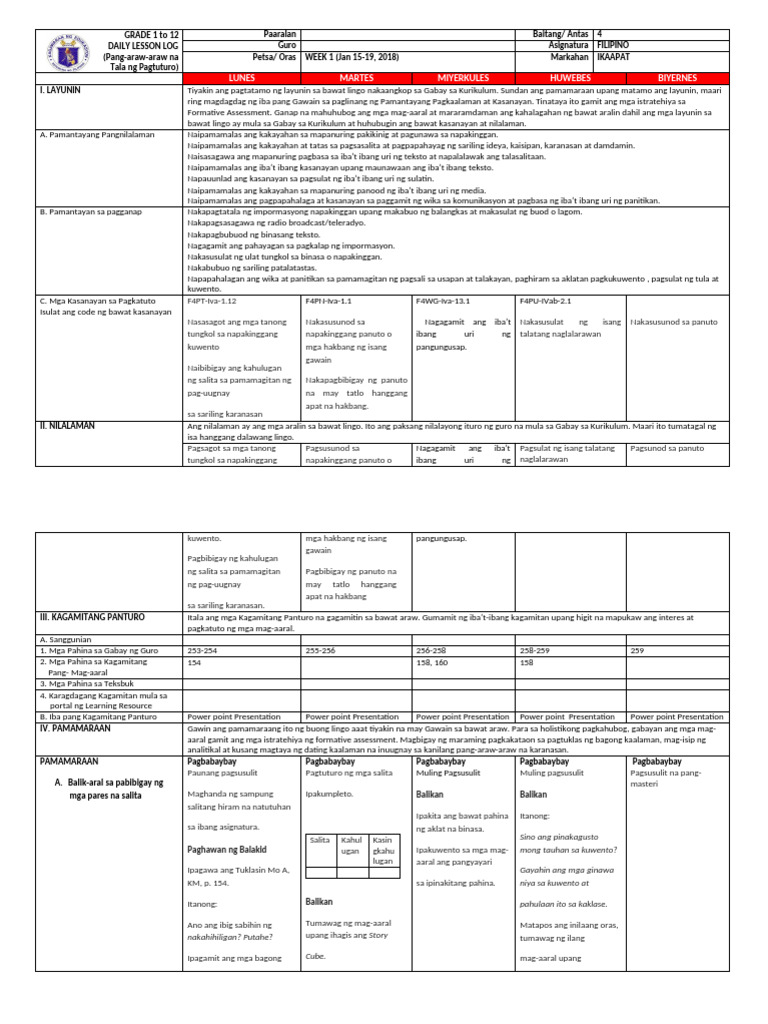 Pdfcoffee.com Dll Filipino Quarter 4 Week 1 9 PDF Free | PDF