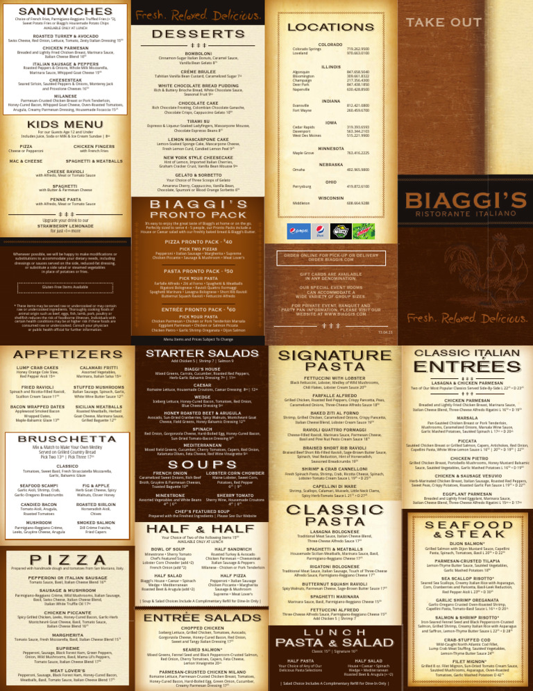 Biaggi's Menu: Gluten-Free & Pronto Packs | PDF | Italian Cuisine | Salad