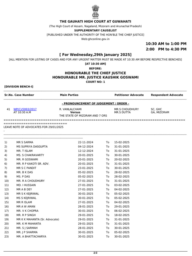 Gauhati High Court Cause List - Jan 29, 2025 | PDF | Politics Of India ...