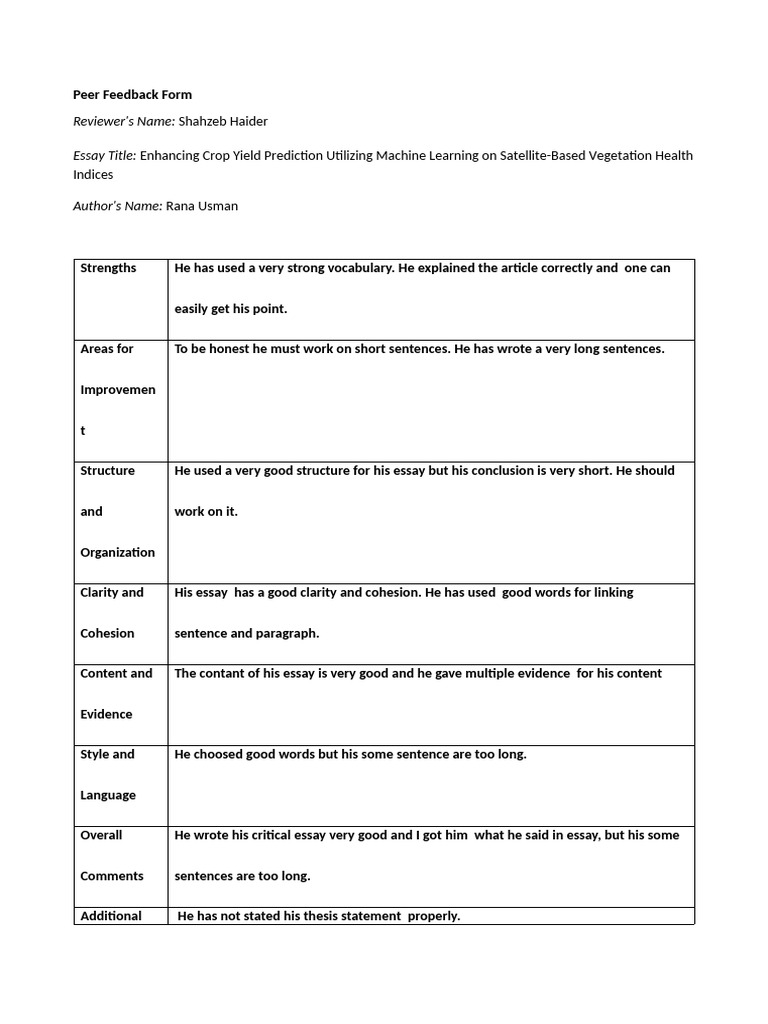 Peer Feedback on Essay Structure | PDF | Essays | Human Communication